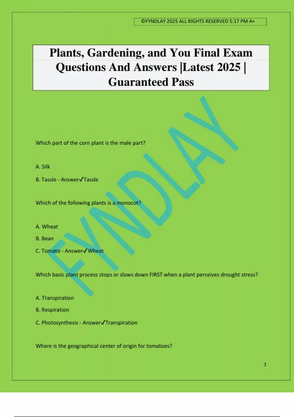 Plants, Gardening, and You Final Exam Questions And Answers |Latest ...