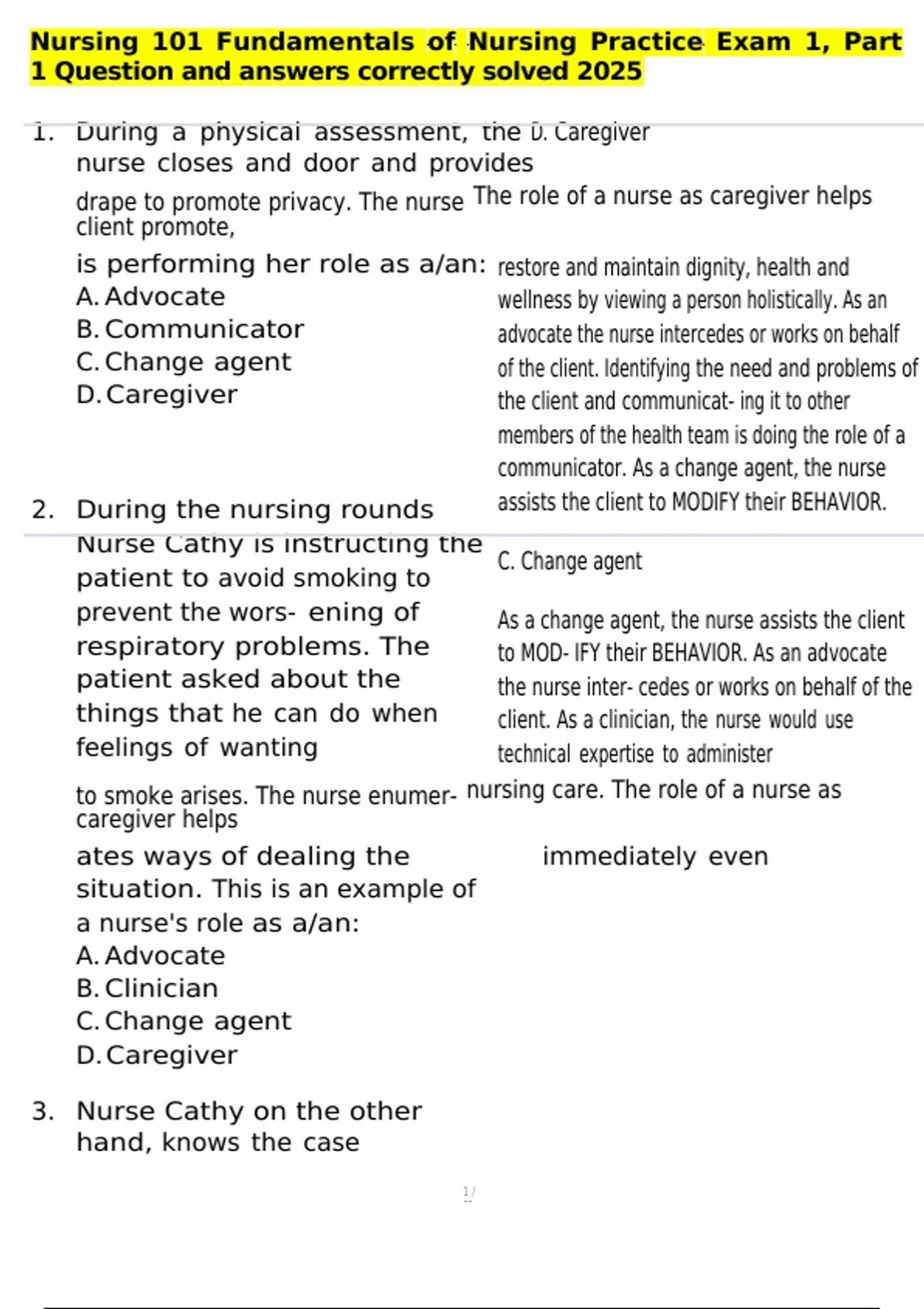 Nursing 101 Fundamentals of Nursing Practice Exam 1, Part 1 Question ...