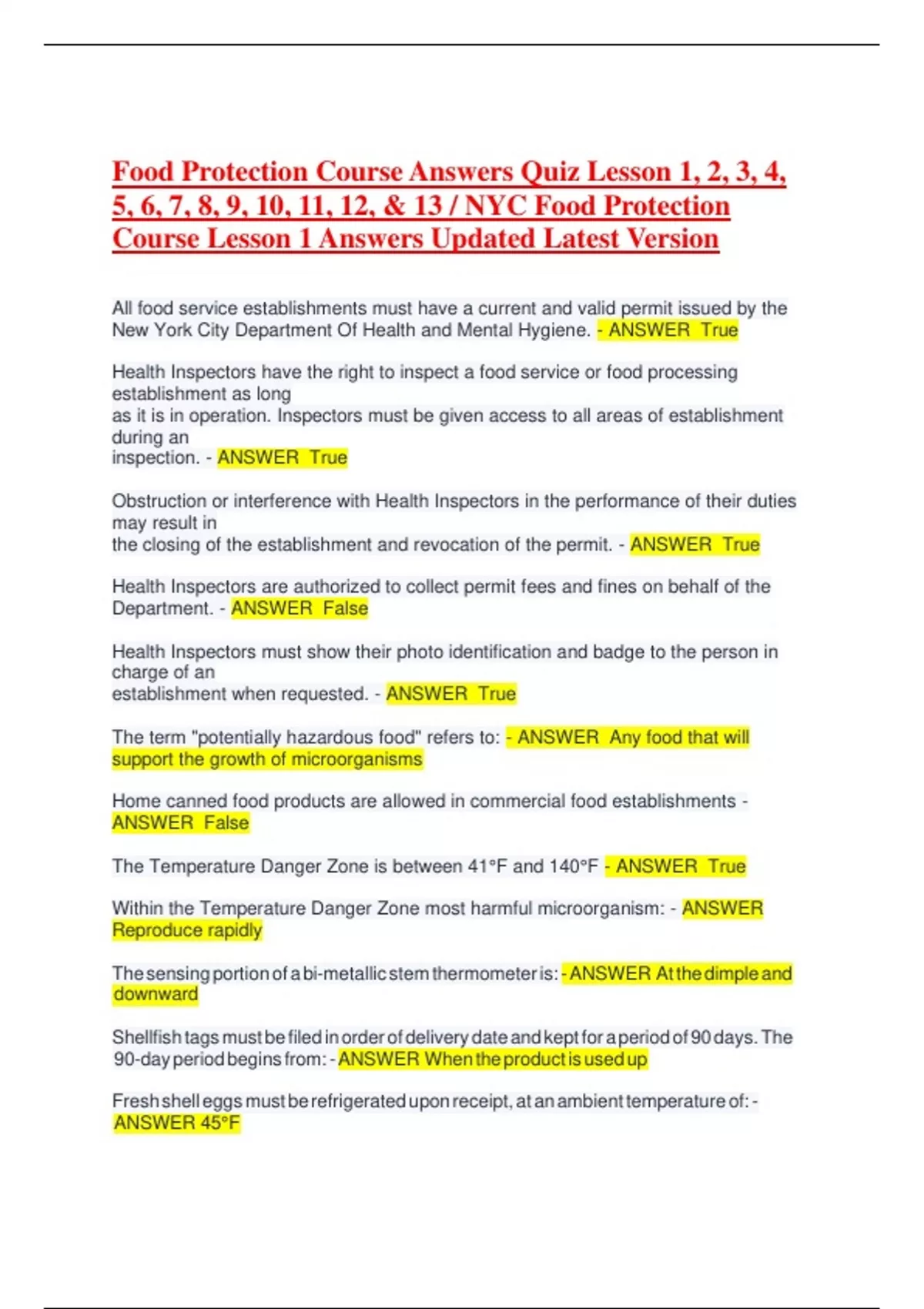 Food Protection Course Answers Quiz Lesson 1, 2, 3, 4, 5, 6, 7, 8, 9 ...