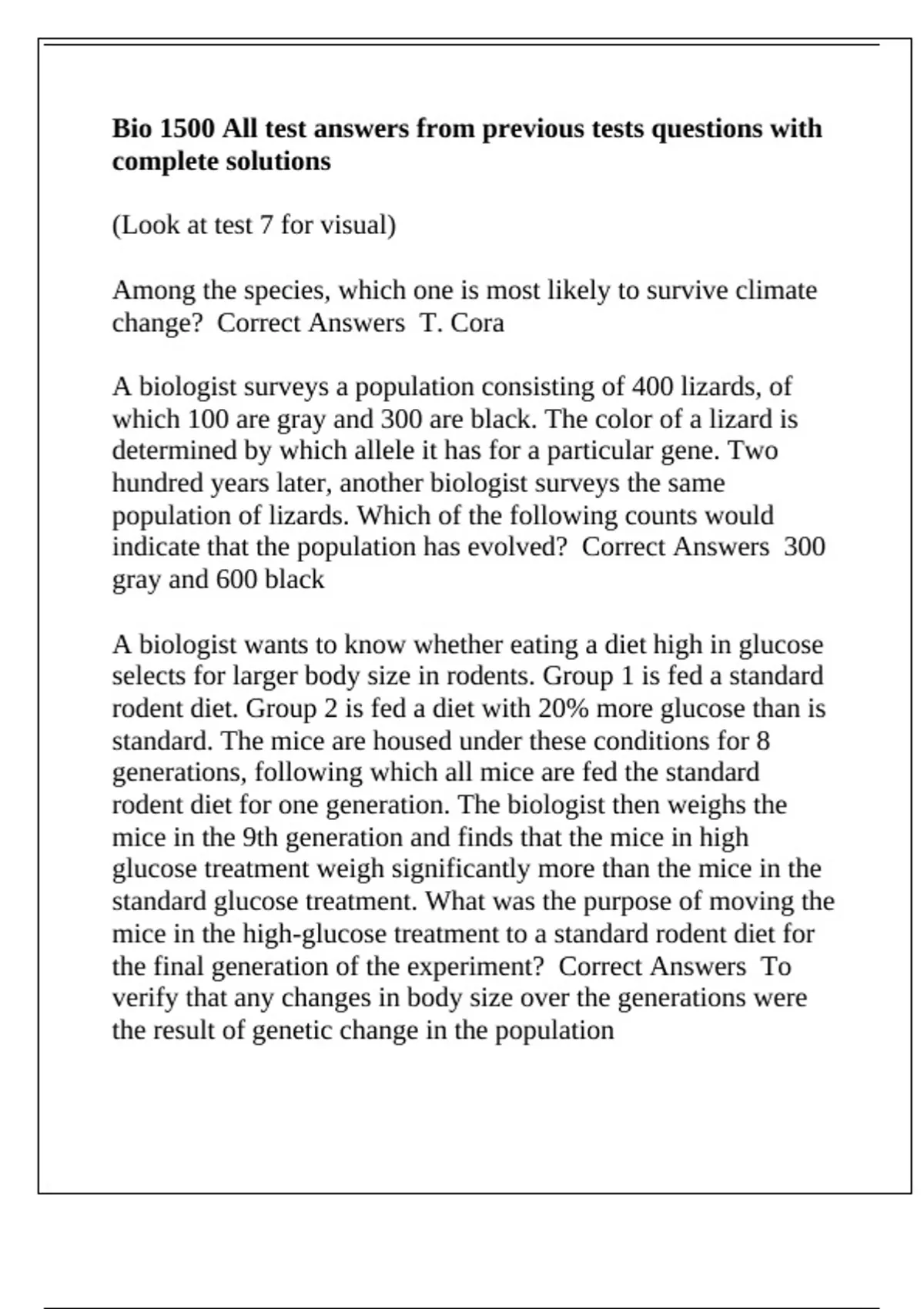 Bio 1500 All test answers from previous tests questions with complete ...