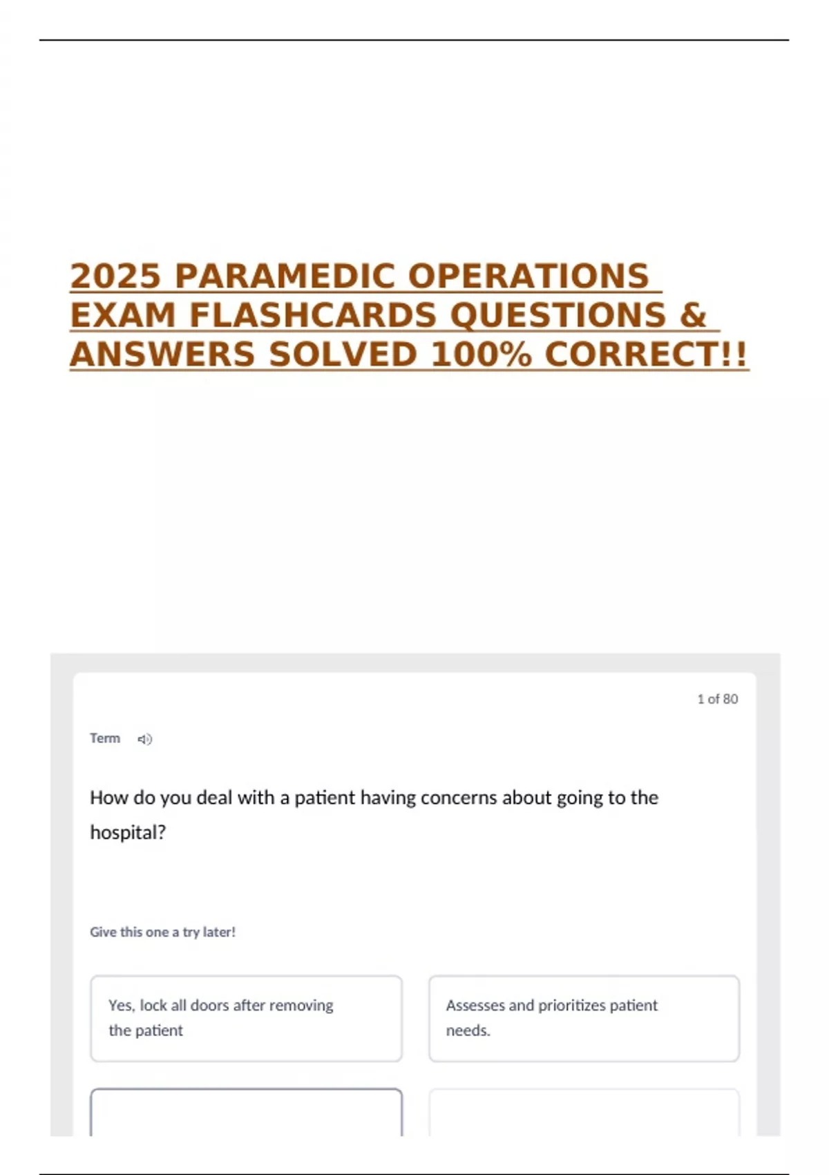 2025 PARAMEDIC OPERATIONS EXAM FLASHCARDS QUESTIONS & ANSWERS SOLVED ...