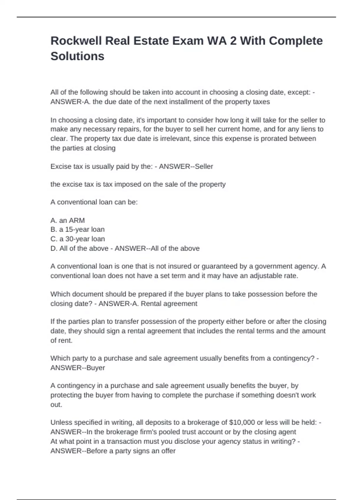 Rockwell Real Estate Exam WA 2 With Complete Solutions - Rockwell Real ...