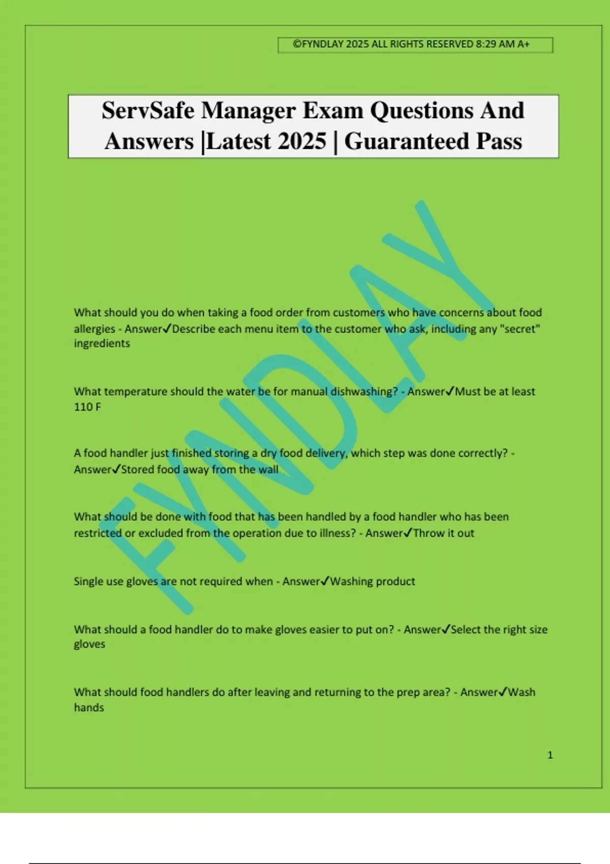 ServSafe Manager Exam Questions And Answers |Latest 2025 | Guaranteed ...