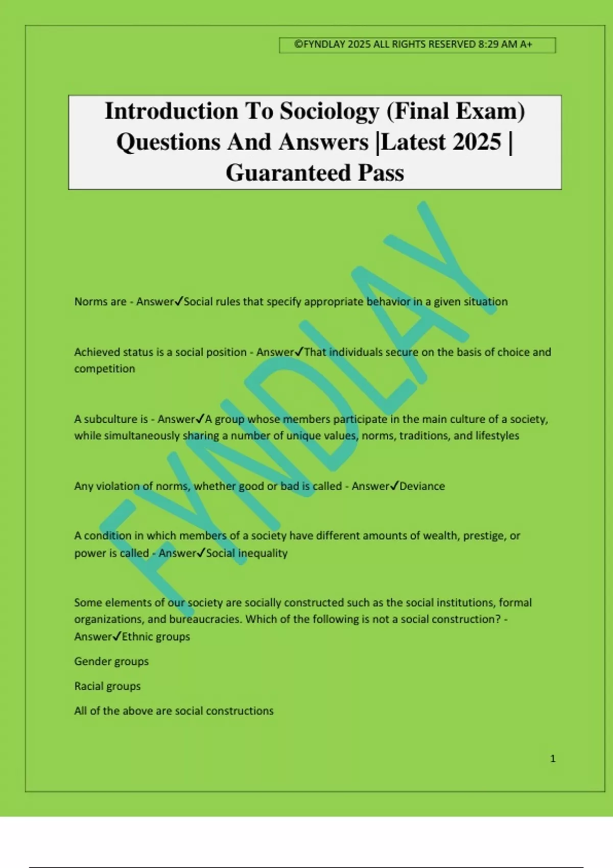 Introduction To Sociology (Final Exam) Questions And Answers |Latest ...