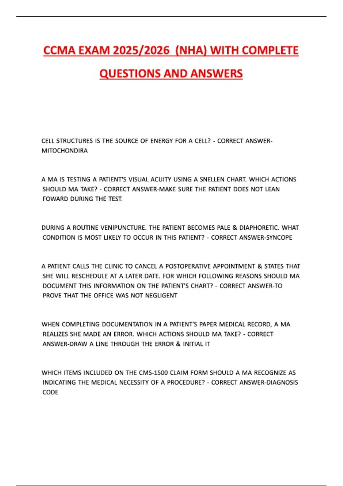 CCMA EXAM 2025/2026 (NHA) WITH COMPLETE QUESTIONS AND ANSWERS - CCMA - Stuvia US