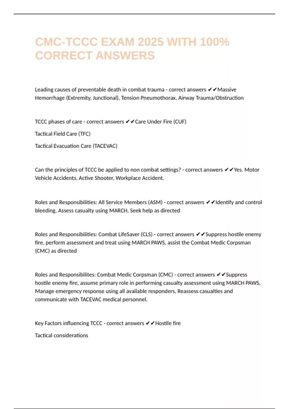 CMC-TCCC EXAM 2025 WITH 100% CORRECT ANSWERS - CMC-TCCC EXA - Stuvia US