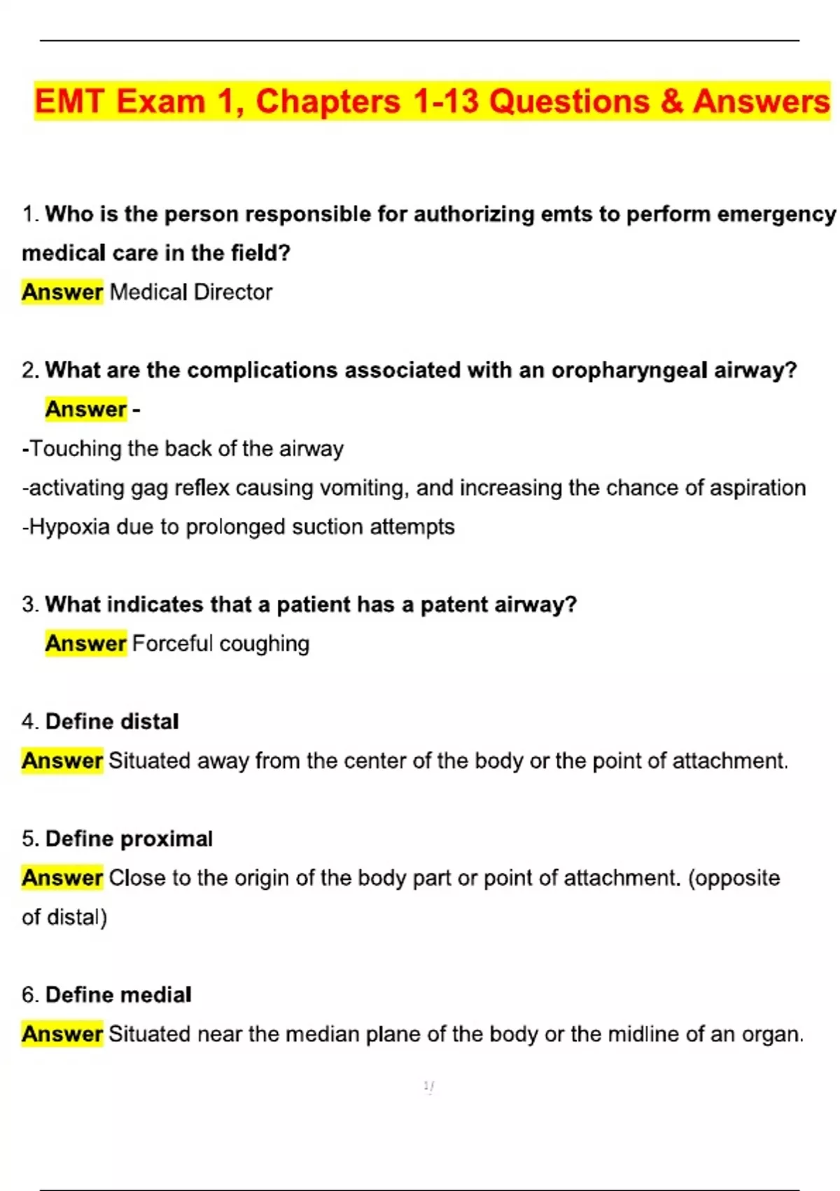 EMT Exam 1, Chapters 1-13 Latest 2025 Actual Questions and Verified ...