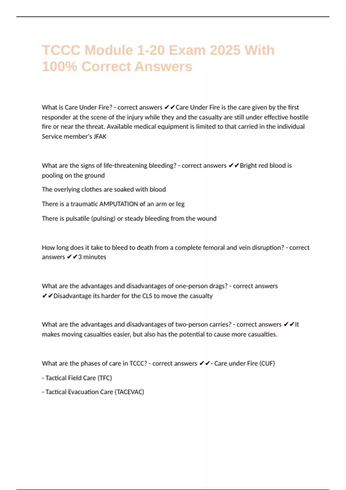 TCCC Module 1-20 Exam 2025 With 100% Correct Answers - TCCC Module 1-20 ...