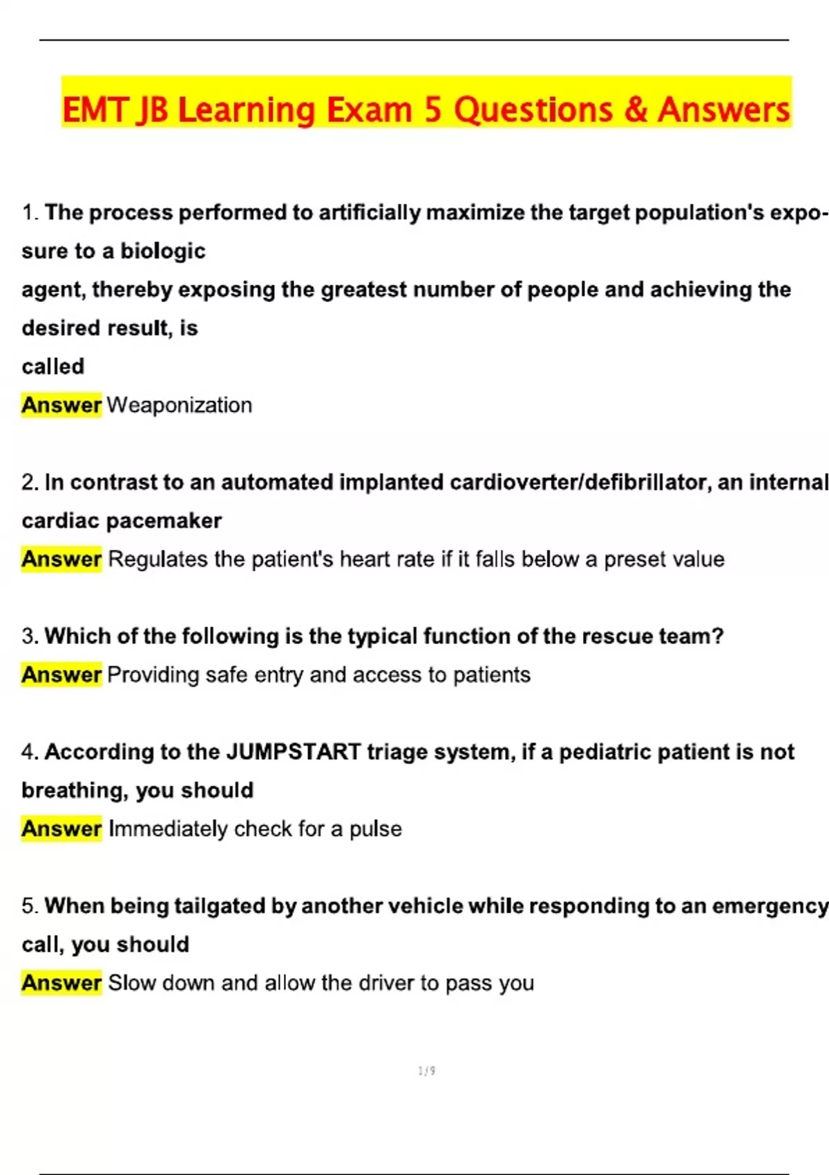 JB Learning EMT Exam 5 Latest 2025 Actual Questions and Verified ...