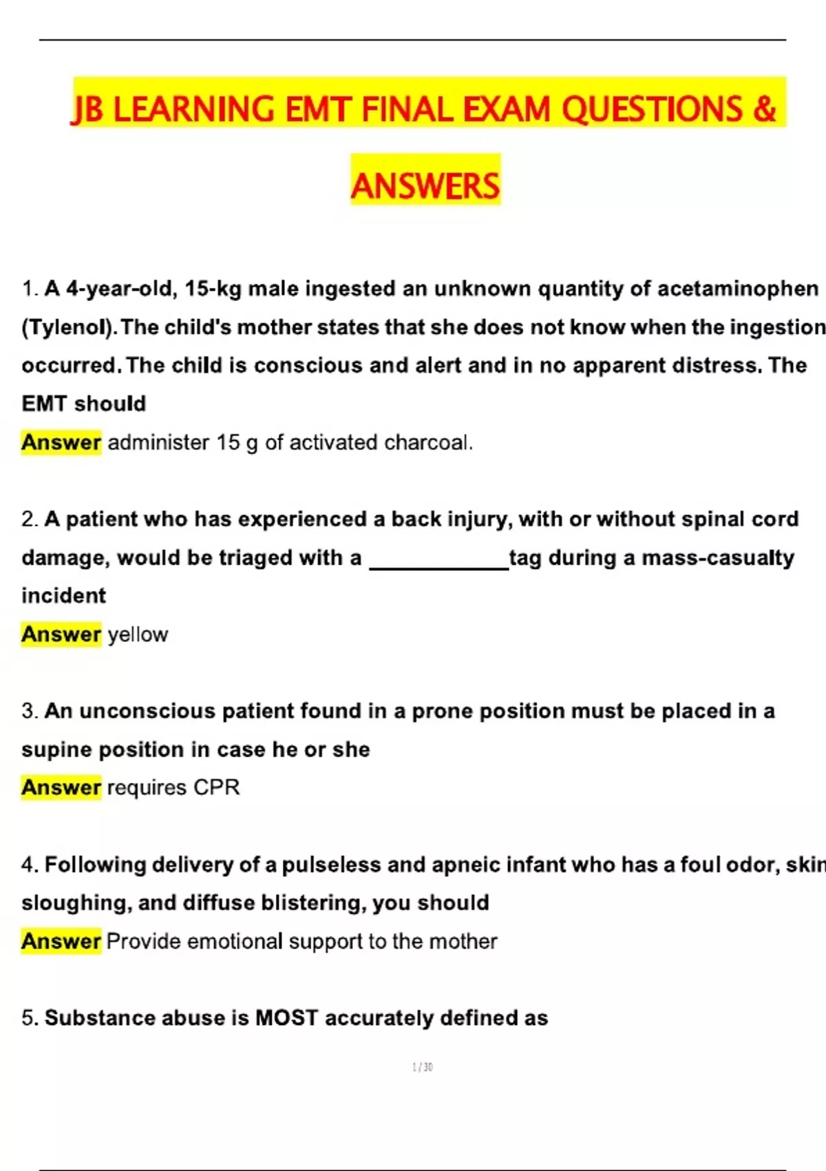 JB LEARNING EMT FINAL EXAM Latest 2025 Actual Questions and Verified ...