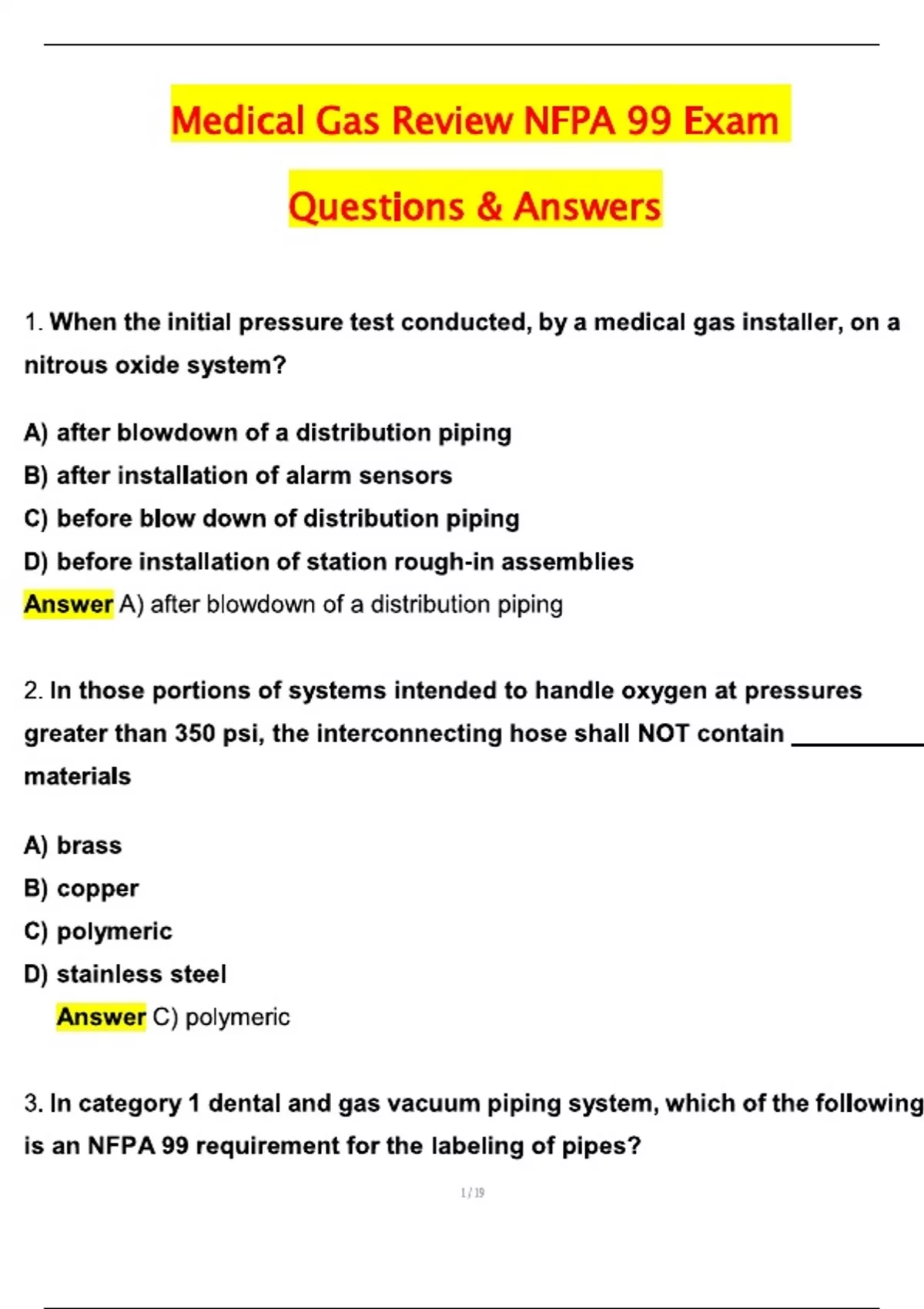 MEDICAL GAS NFPA 99 BUNDLED EXAMS Medical Gas NFPA-99 Practice Test ...