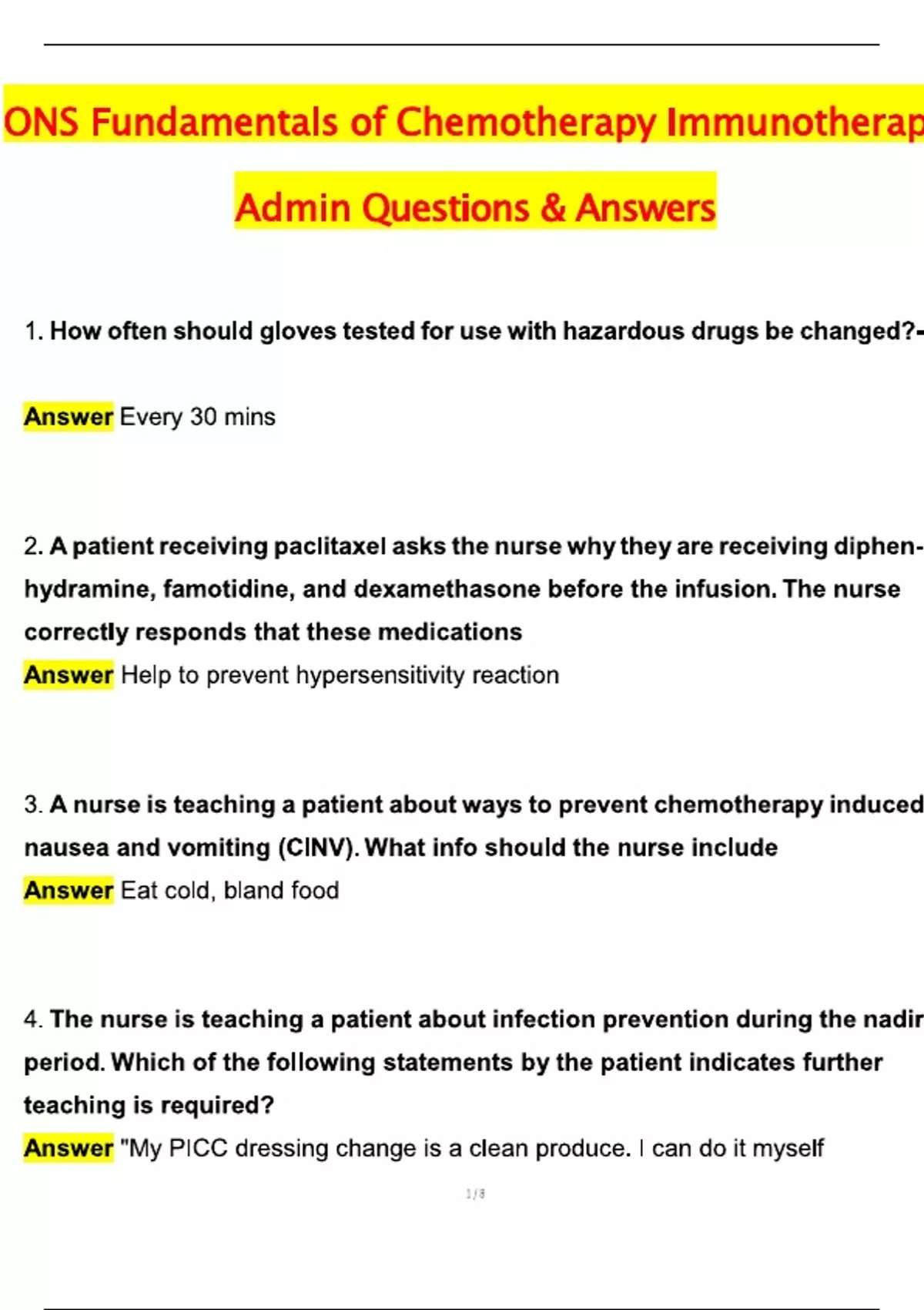 ONS Fundamentals of Chemotherapy Immunotherapy Admin ONS Exam Latest ...