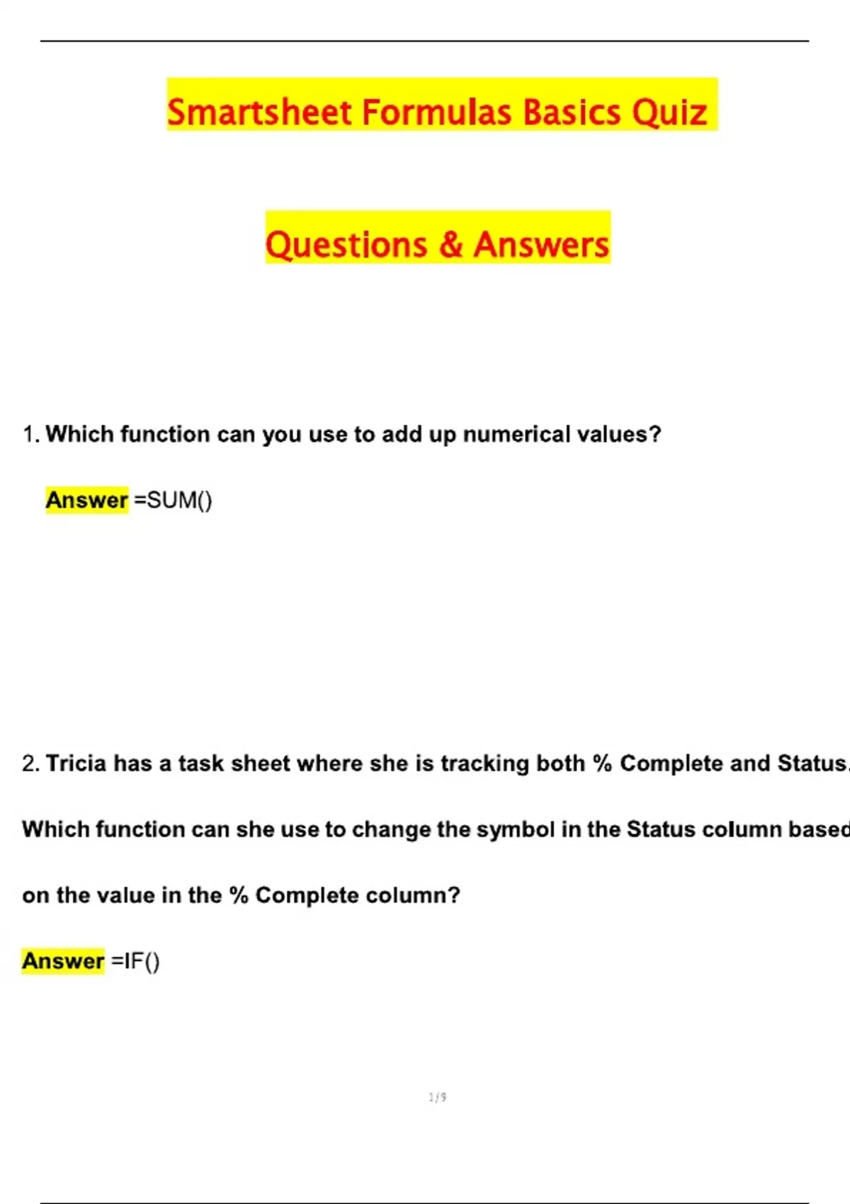 Smartsheet Formulas Basics Quiz Latest 2025 Actual Questions and ...