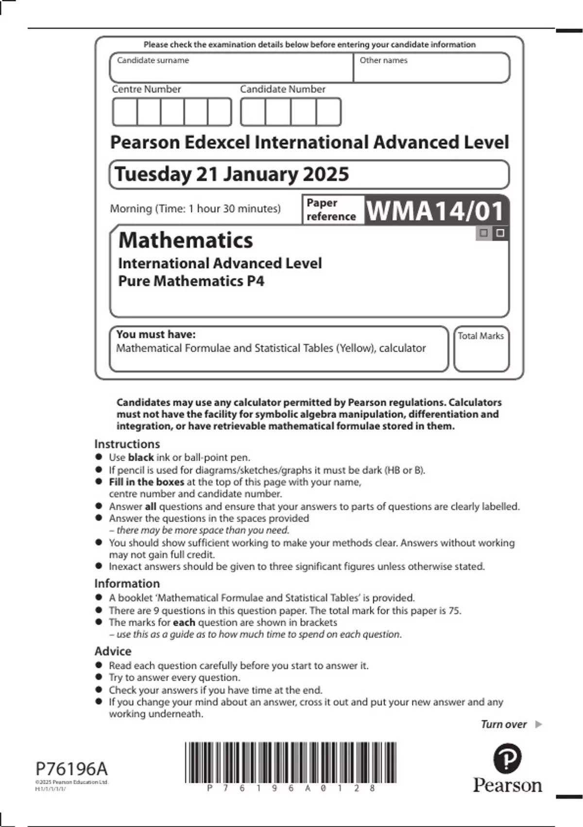 Jan 2025 IAL Maths Pure 4 Question Paper - International A level Maths ...