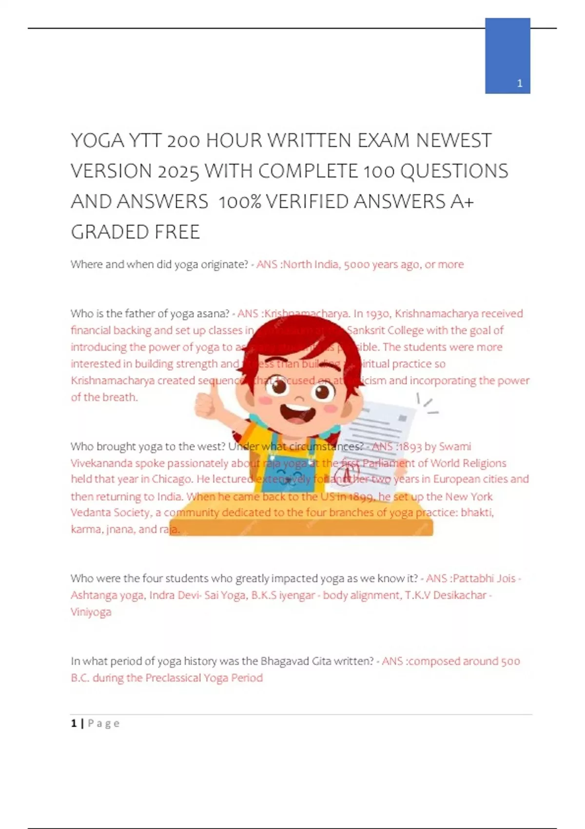 YOGA YTT 200 HOUR WRITTEN EXAM NEWEST VERSION 2025 WITH COMPLETE 100 QUESTIONS AND ANSWERS 100% ...