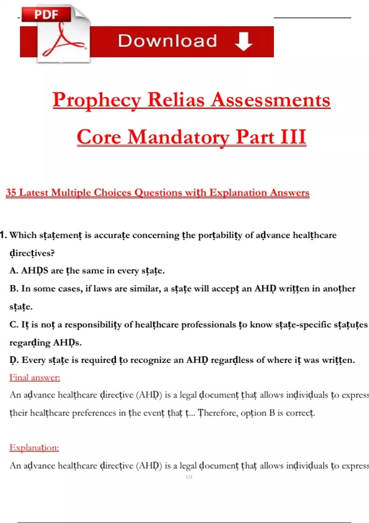 Prophecy Relias Assessments Core Mandatory Part III (Latest 2025 / 2026 ...