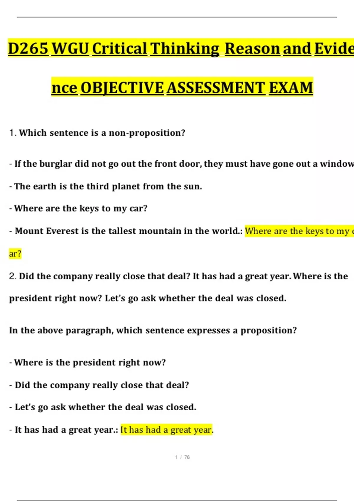 WGU D265 CRITICAL THINKING REASON AND EVIDENCE OBJECTIVE ASSESSMENT ...
