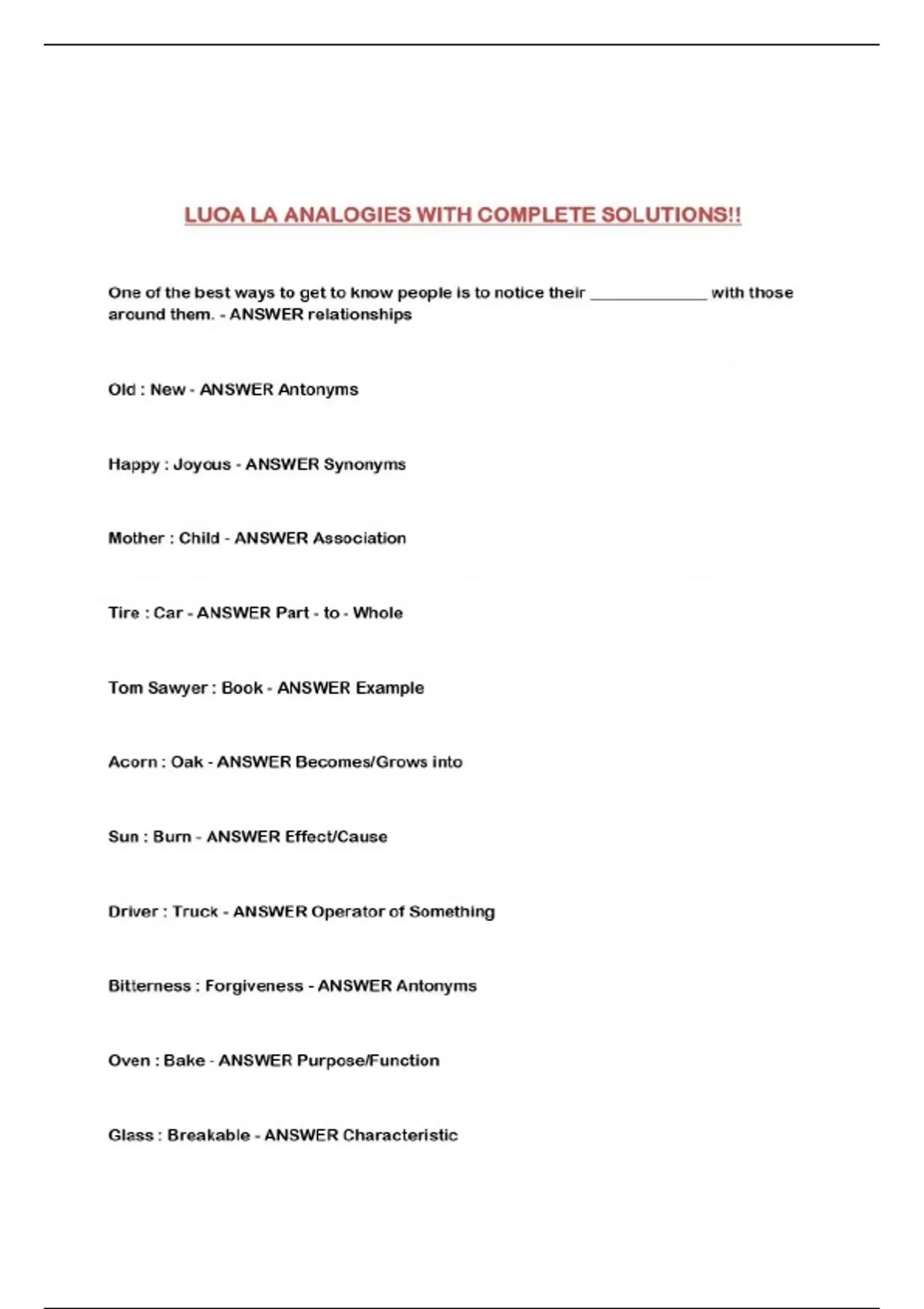 LUOA LA ANALOGIES WITH COMPLETE SOLUTIONS!! - LUOA LA ANALOGIES - Stuvia US