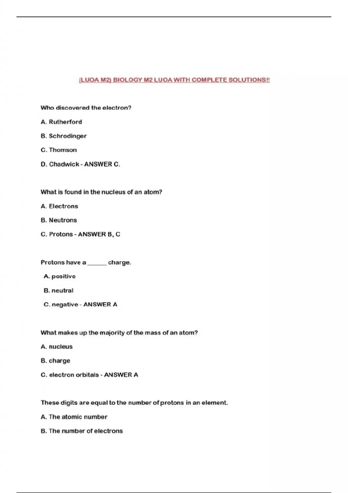(LUOA M2) BIOLOGY M2 LUOA WITH COMPLETE SOLUTIONS!! - BIOLOGY M2 LUOA ...