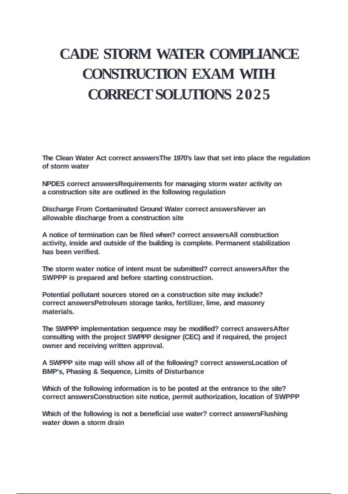 CADE Storm Water Compliance Construction exam with 100% correct ...