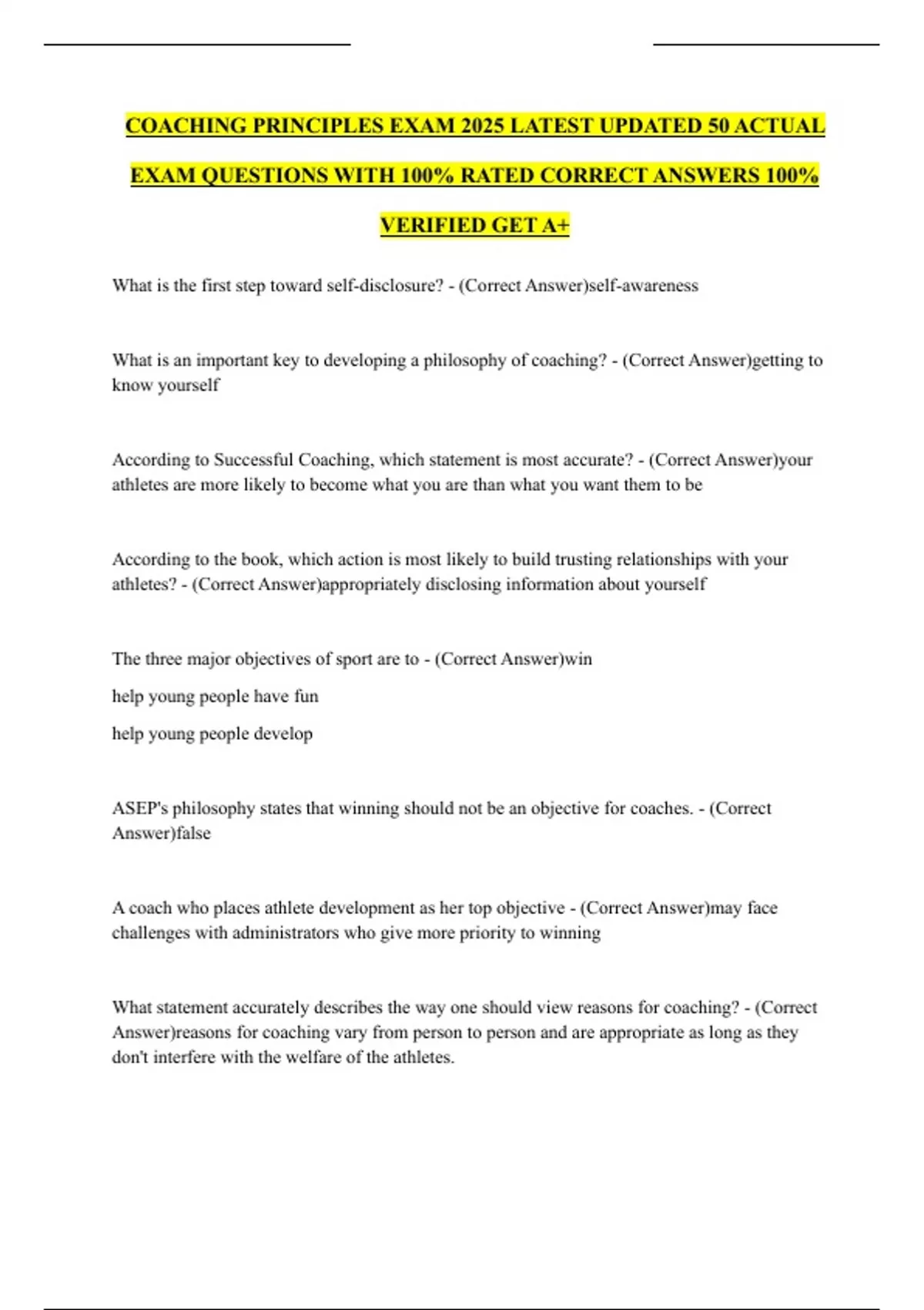 COACHING PRINCIPLES EXAM 2025 LATEST UPDATED 50 ACTUAL EXAM QUESTIONS ...