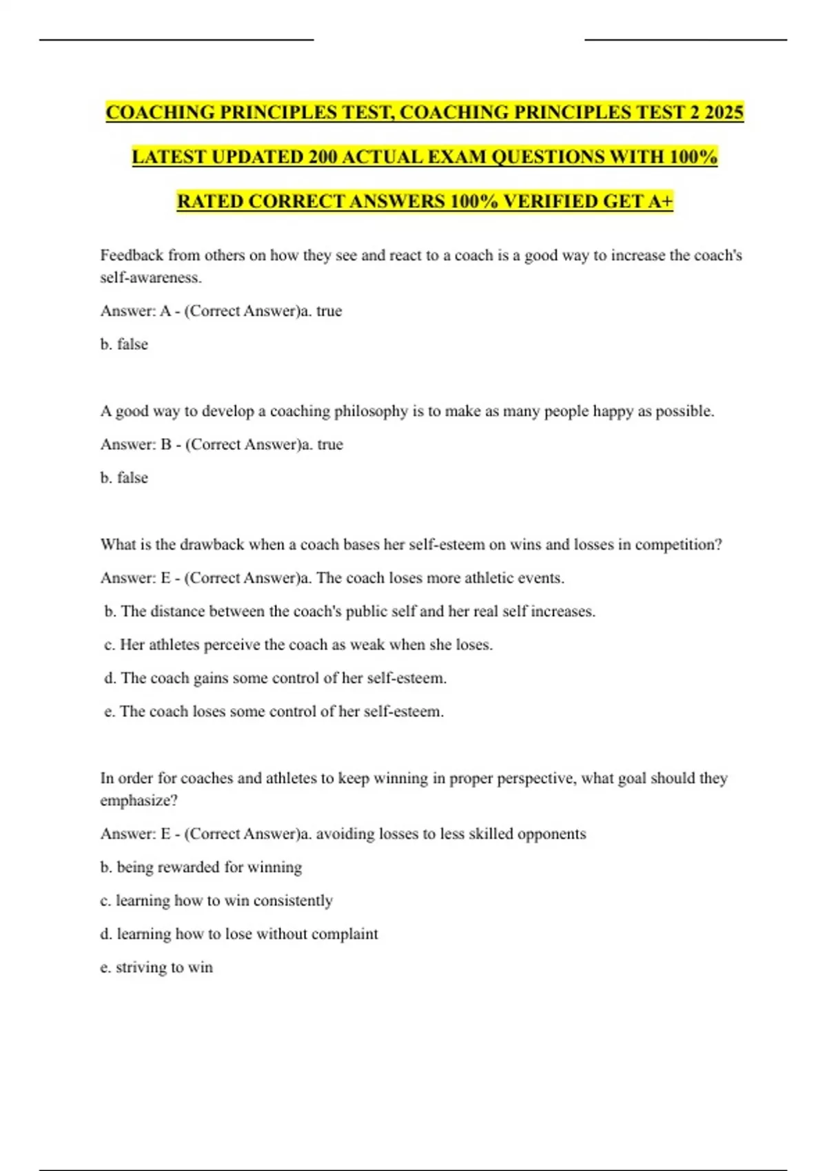 COACHING PRINCIPLES TEST, COACHING PRINCIPLES TEST 2 2025 LATEST ...