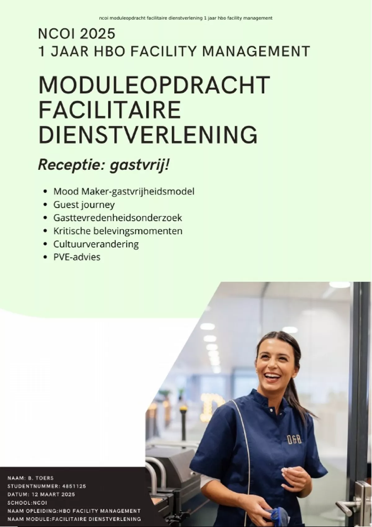 NCOI module Facility Management - Gastvrije receptie - Mood Maker model - Guest Journey ...