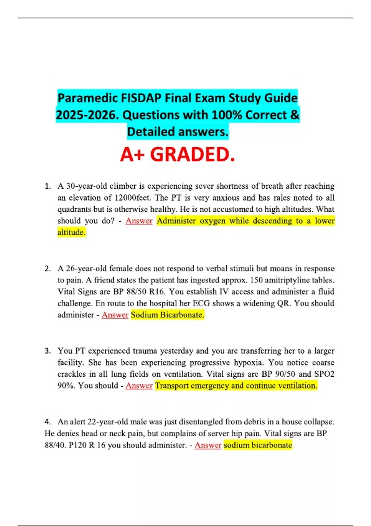 Paramedic FISDAP Final Exam Study Guide . Questions with 100% Correct ...