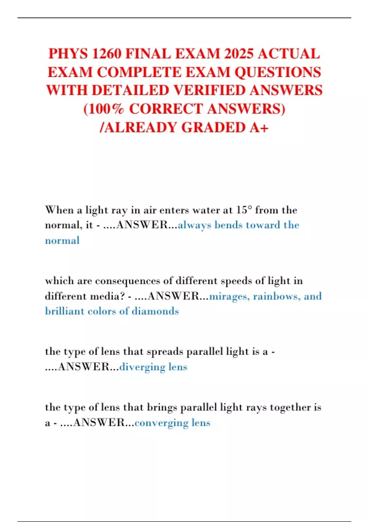 PHYS 1260 FINAL EXAM 2025 ACTUAL EXAM COMPLETE EXAM QUESTIONS WITH DETAILED VERIFIED ANSWERS ...