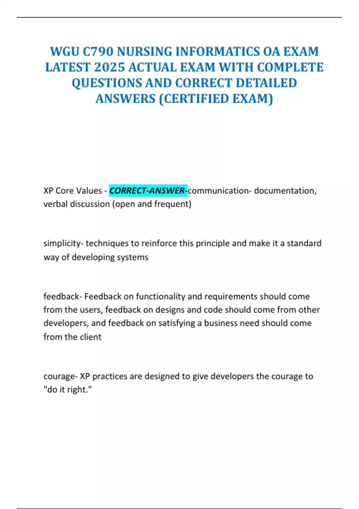 WGU C790 NURSING INFORMATICS OA EXAM LATEST 2025 ACTUAL EXAM WITH ...