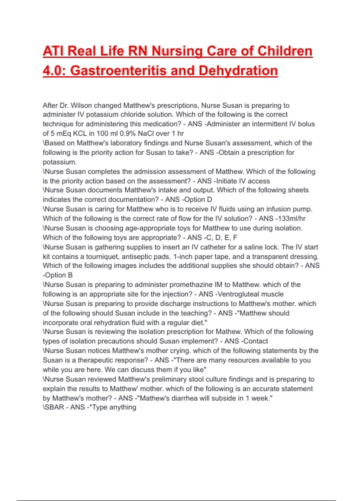 ATI Real Life RN Nursing Care of Children 4.0: Gastroenteritis and ...