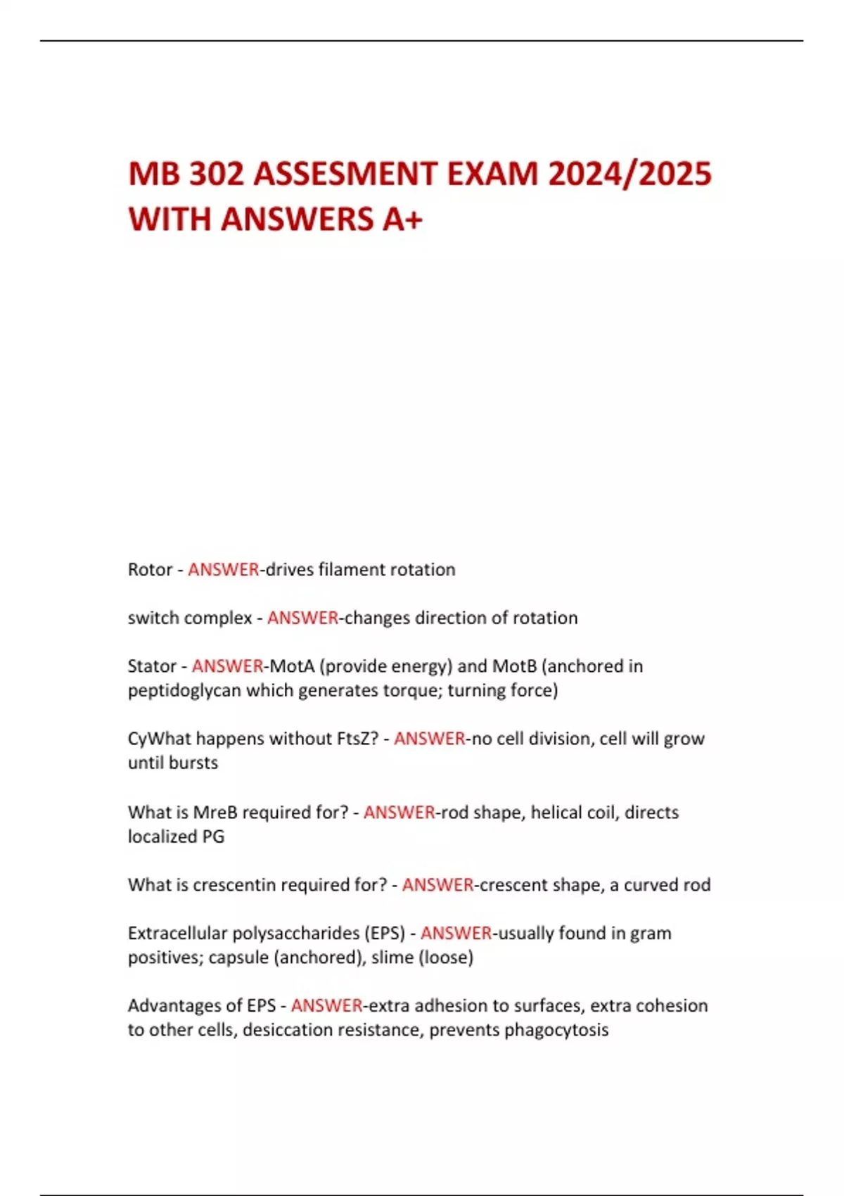 MB 302 ASSESMENT EXAM 2024/2025 WITH ANSWERS A+ - MB 302 - Stuvia US