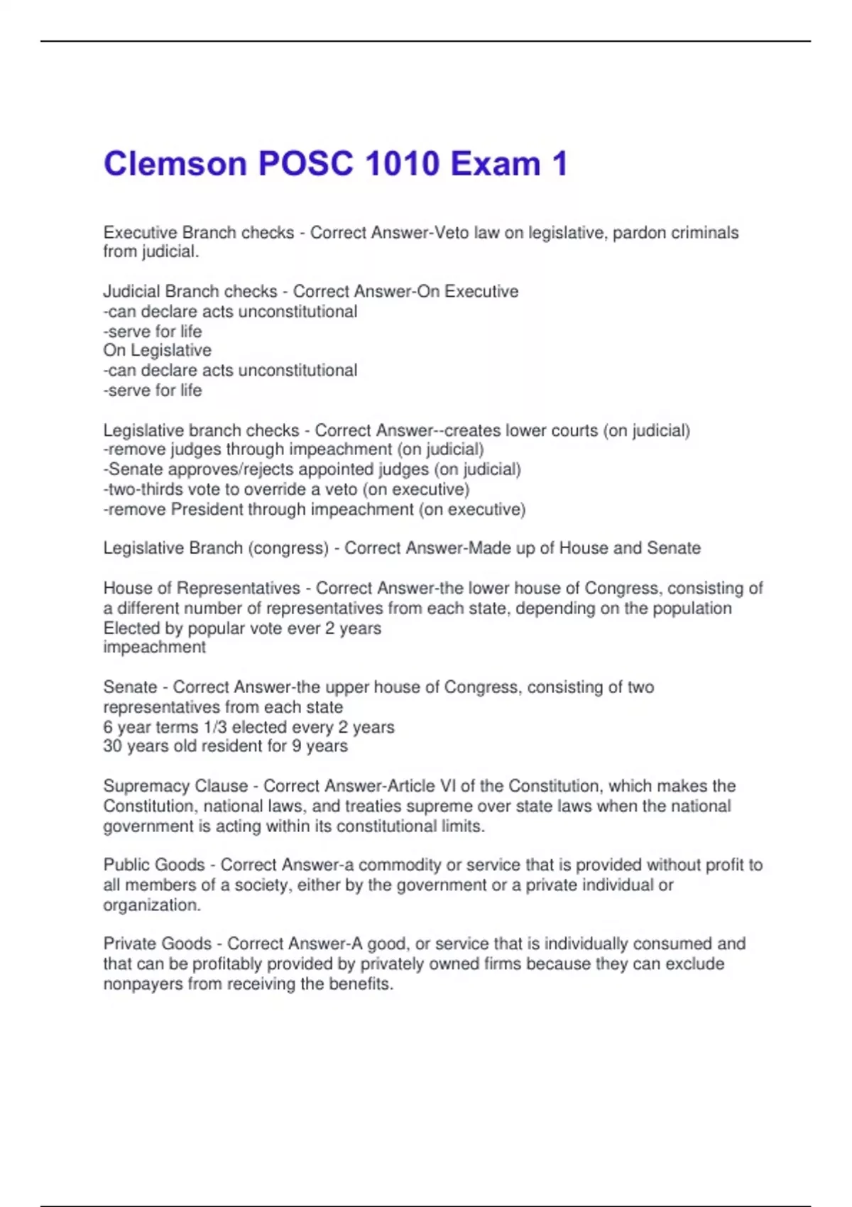 Clemson POSC 1010 Exam 1 Questions and Verified Answers 2025 - Clemson POSC 1010 - Stuvia US