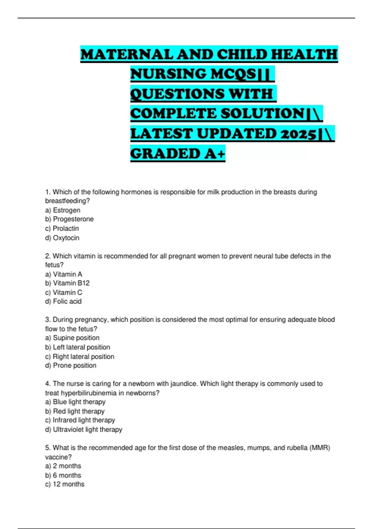 MATERNAL AND CHILD HEALTH NURSING MCQS|| QUESTIONS WITH COMPLETE ...