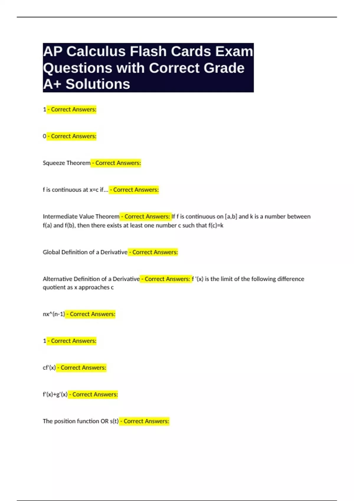 AP Calculus Flash Cards Exam Questions with Correct Grade A+ Solutions ...