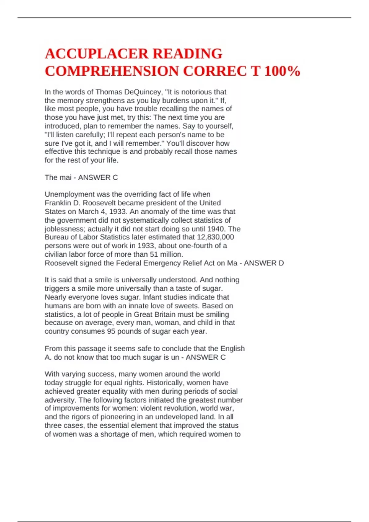 ACCUPLACER READING COMPREHENSION CORREC T 100% - Accuplacer Next ...