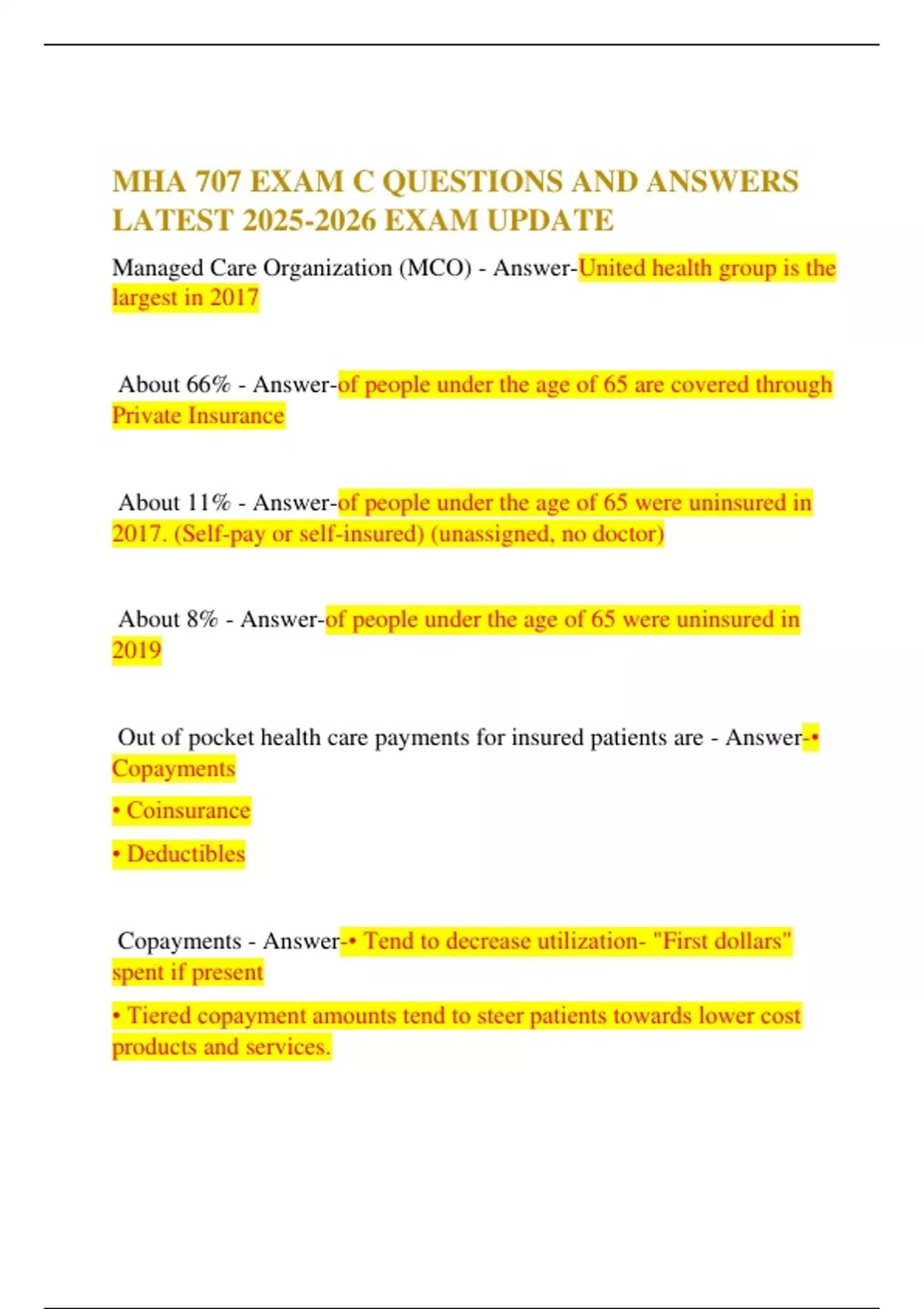 MHA 707 EXAM C QUESTIONS AND ANSWERS LATEST EXAM UPDATE - MHA 707 ...