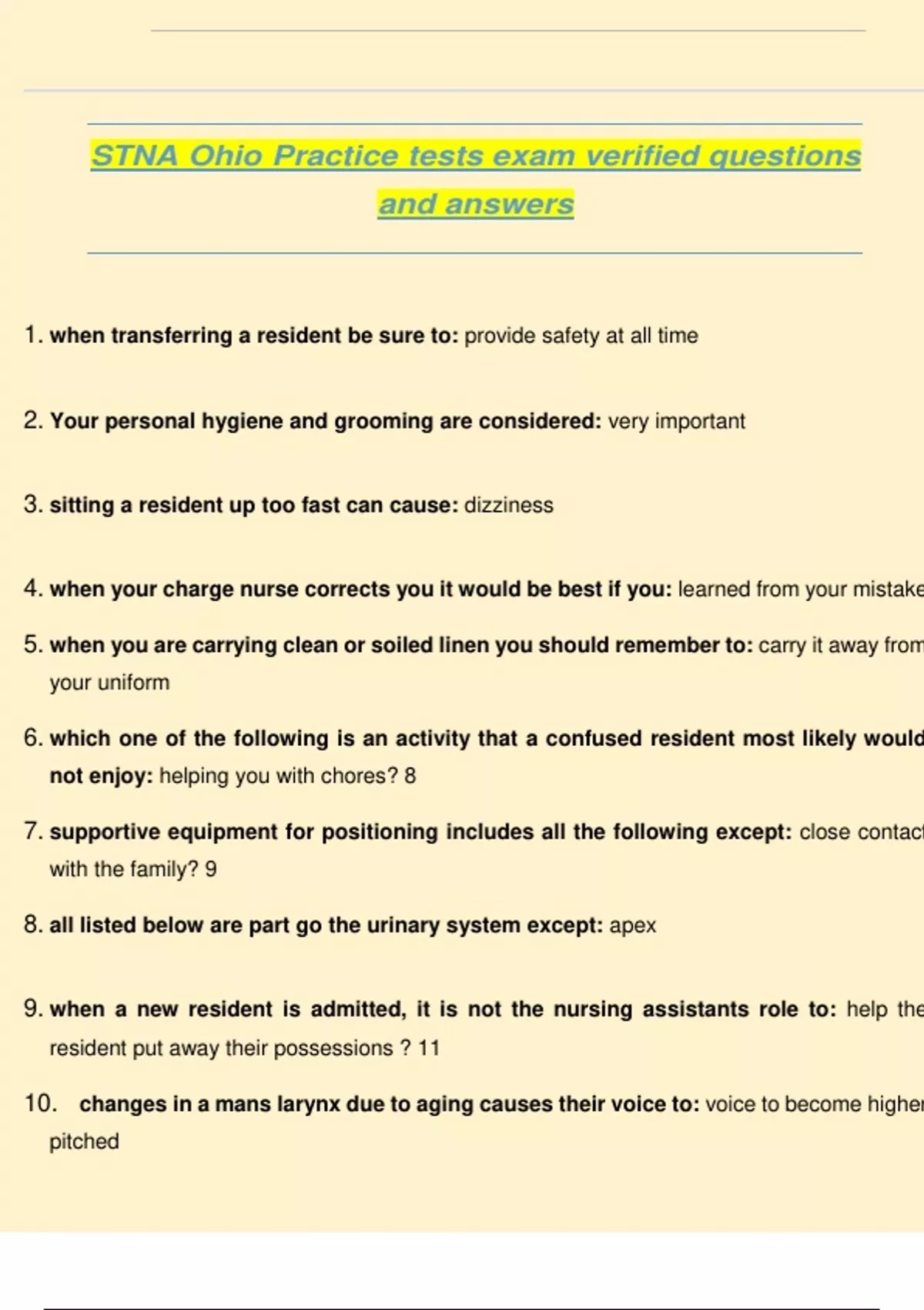 STNA Ohio Practice tests exam complete accurate exam questions with ...