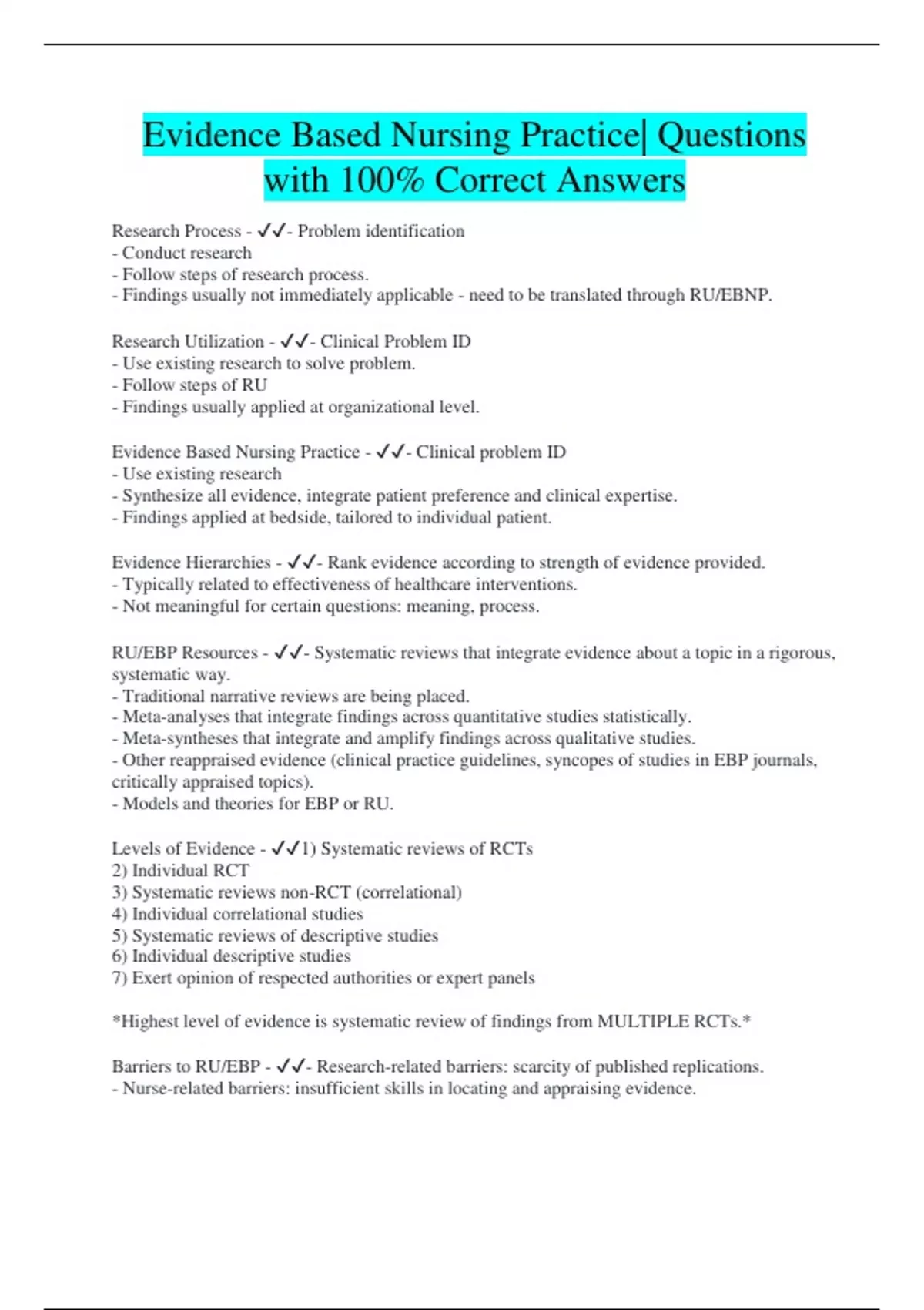 Evidence Based Nursing Practice| Questions with 100% Correct Answers ...
