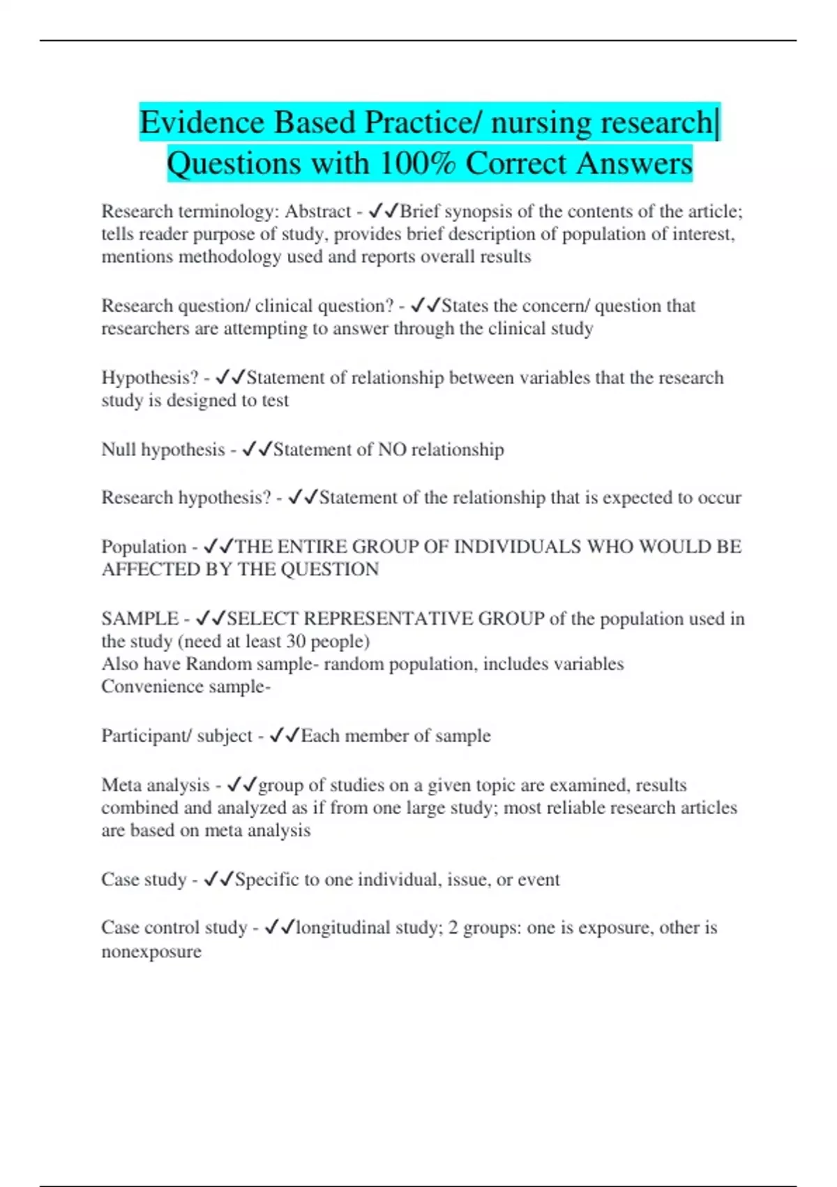 Evidence Based Practice/ nursing research| Questions with 100% Correct ...