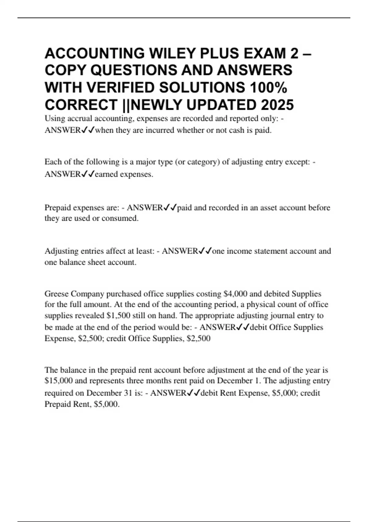 ACCOUNTING WILEY PLUS EXAM 2 – COPY QUESTIONS AND ANSWERS WITH VERIFIED ...