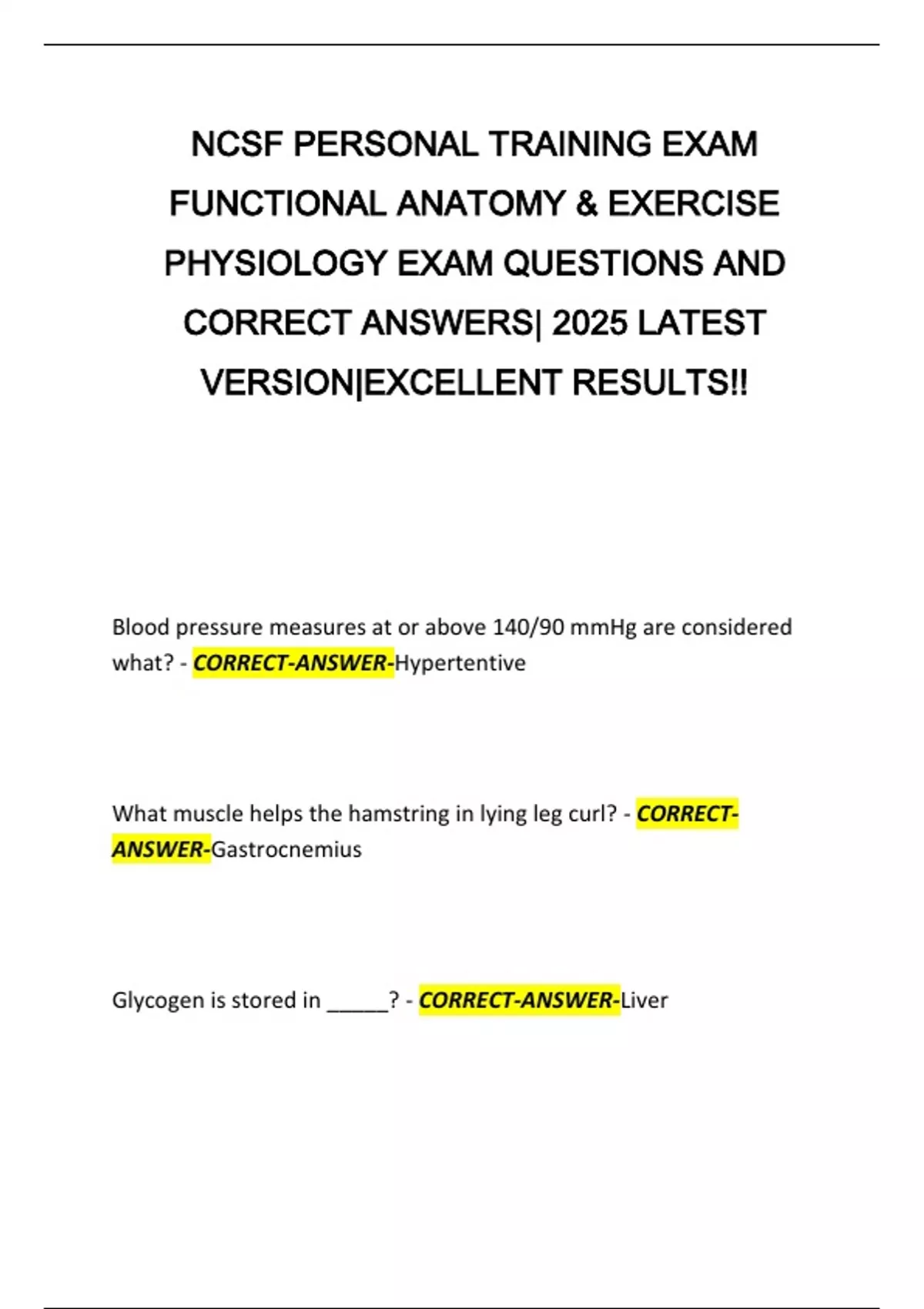 NCSF PERSONAL TRAINING EXAM FUNCTIONAL ANATOMY & EXERCISE PHYSIOLOGY ...