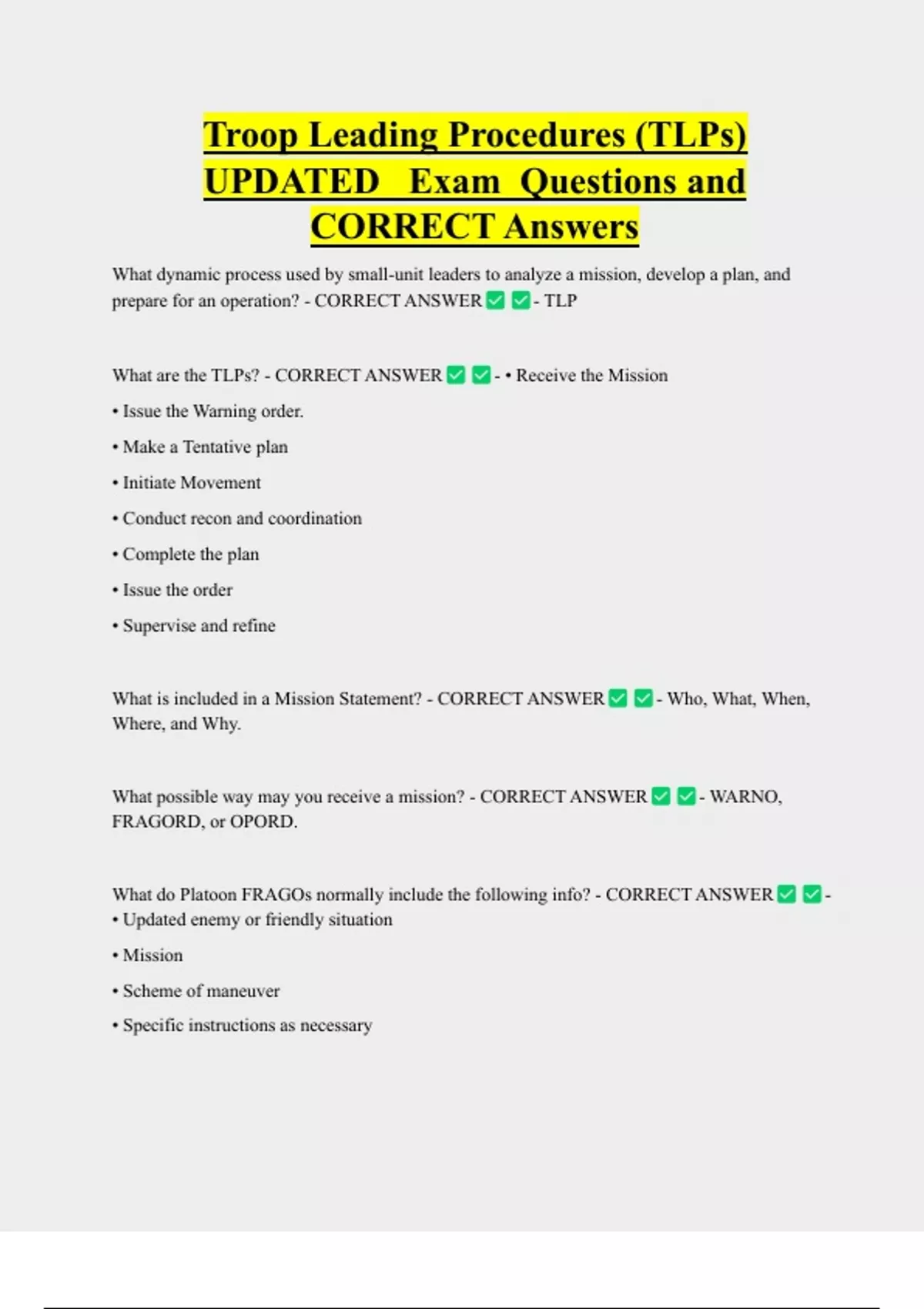 Troop Leading Procedures (TLPs) UPDATED Exam Questions and CORRECT ...
