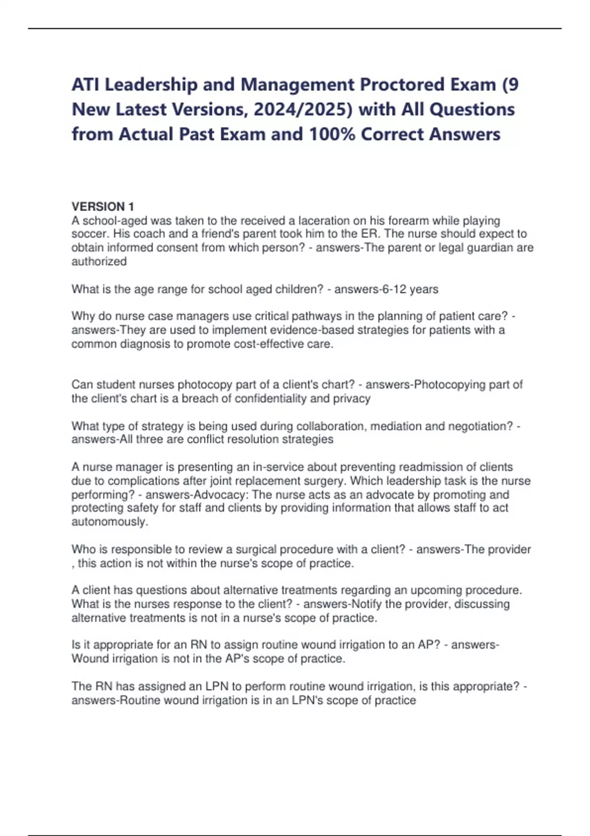 ATI Leadership and Management Proctored Exam (9 New Latest Versions ...