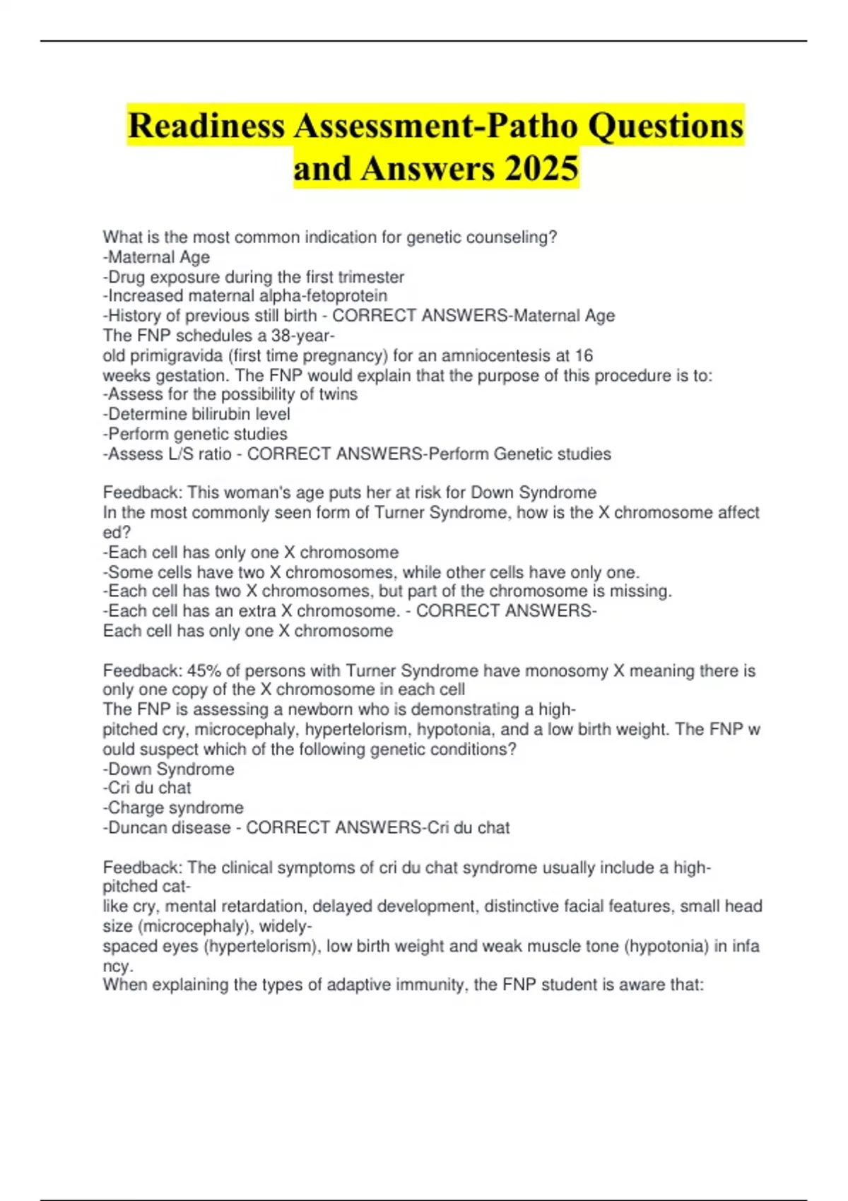 Readiness Assessment-Patho Questions and Answers 2025 - Pathophysiology - Stuvia US