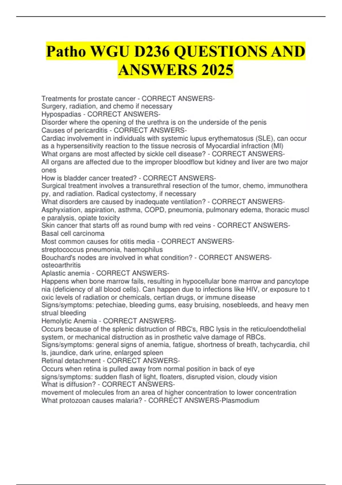 Patho WGU D236 QUESTIONS AND ANSWERS 2025 - Pathophysiology - Stuvia US