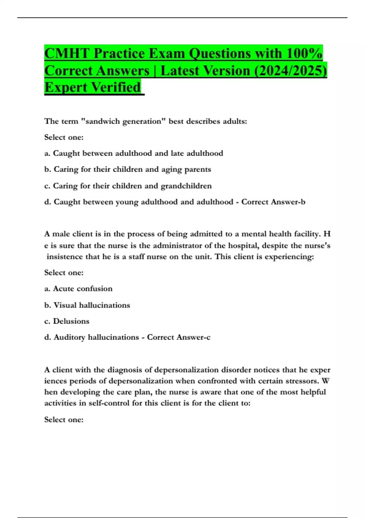 CMHT Practice Exam Questions with 100% Correct Answers | Latest Version ...