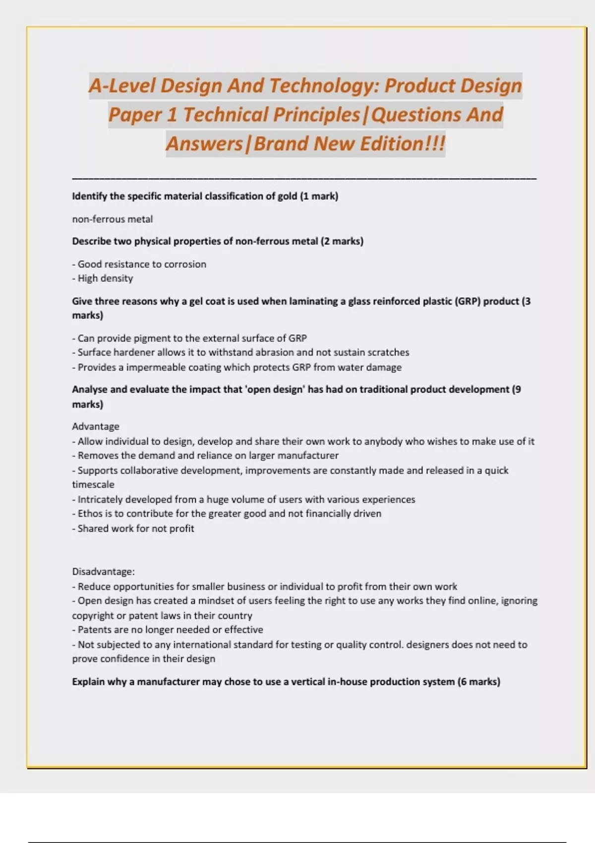 A-Level Design And Technology: Product Design Paper 1 Technical Principles|Questions And Answers ...