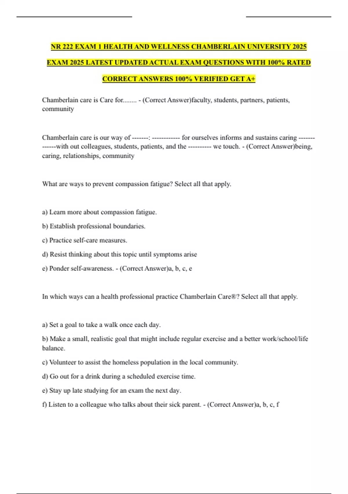 Nr 222 Exam 1 Health And Wellness Chamberlain University 2025 Exam 2025 Latest Updated Actual