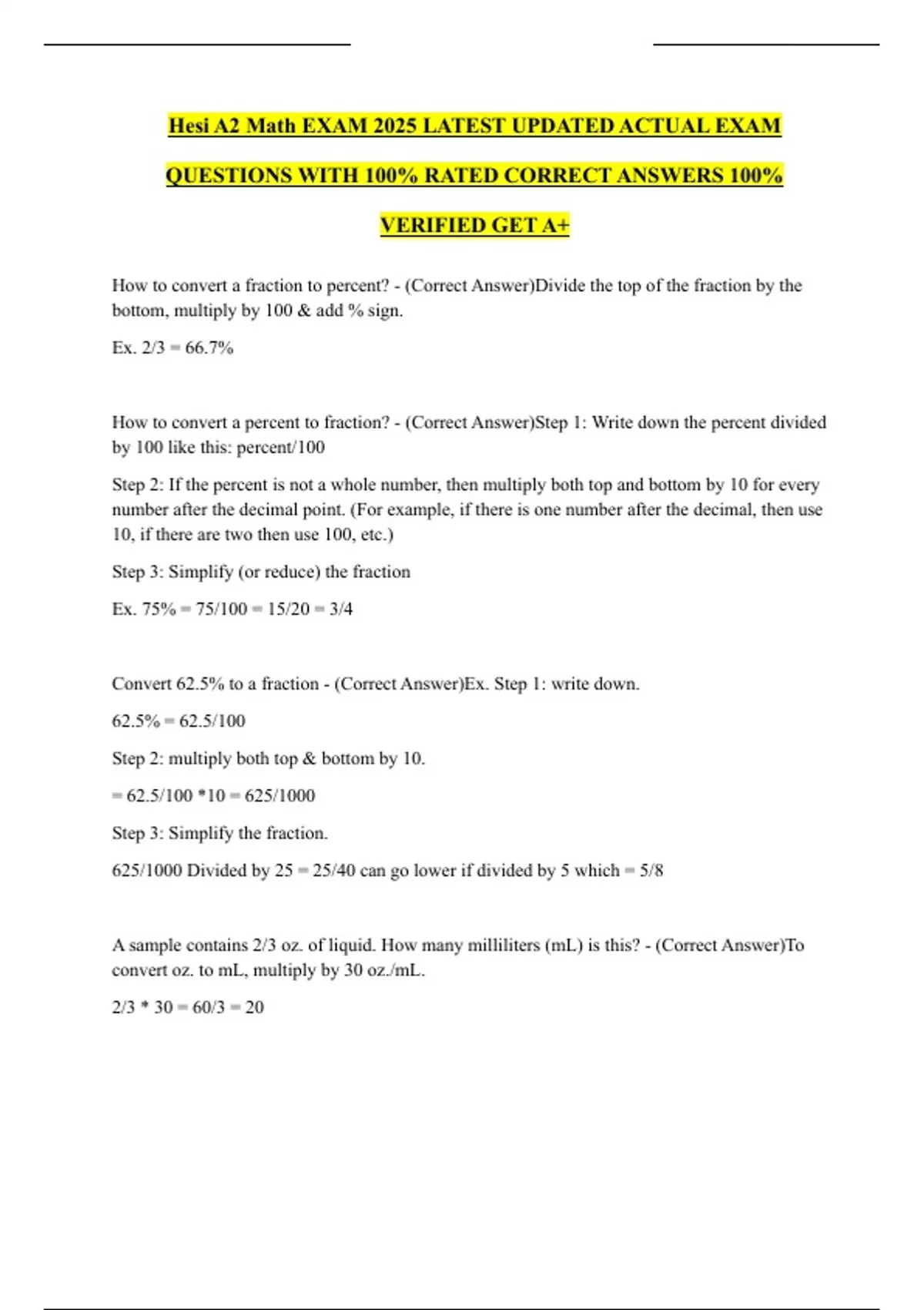 Hesi A2 Math EXAM 2025 LATEST UPDATED ACTUAL EXAM QUESTIONS WITH 100% ...